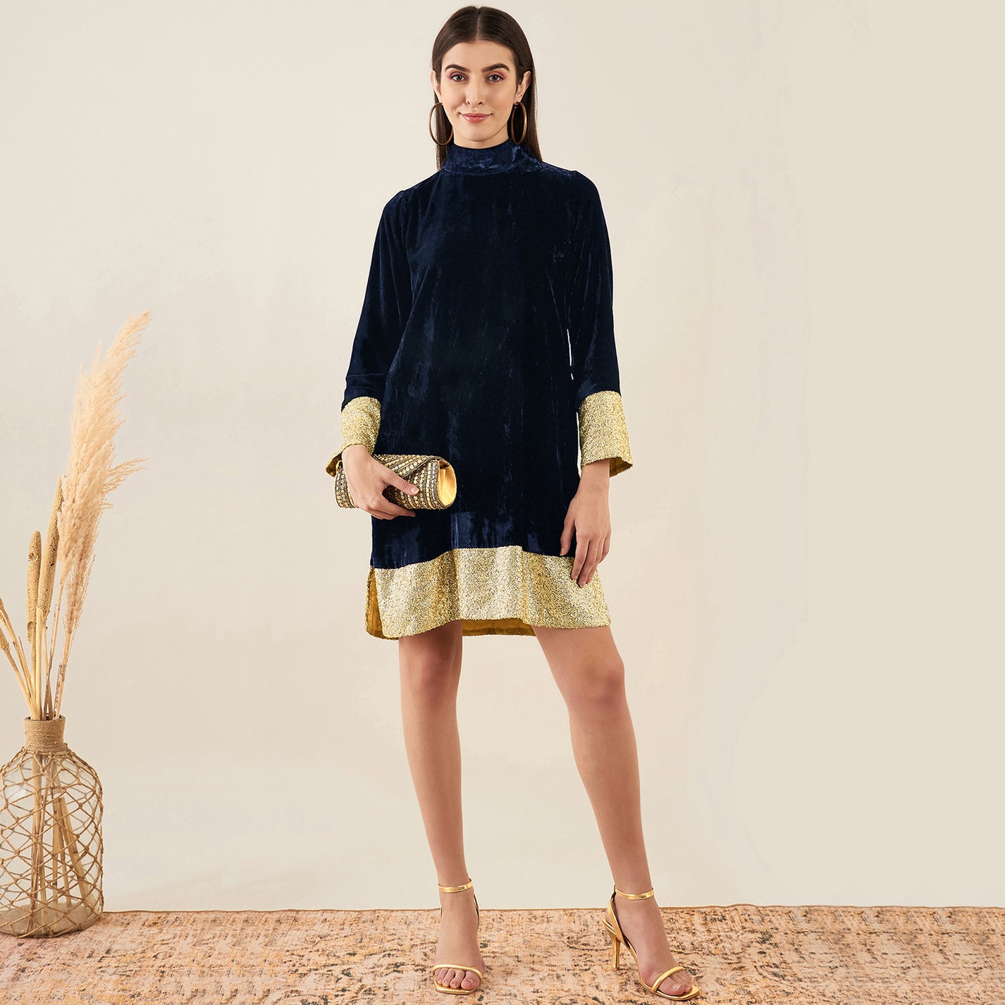 Blue Silk Velvet Dress with Gold Sequin Border – First Resort by Ramola ...