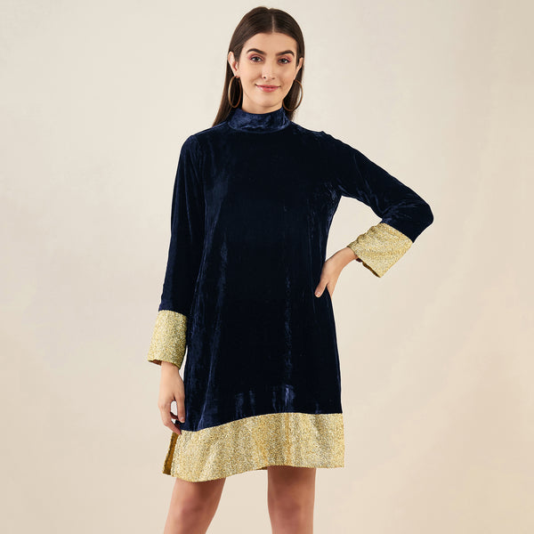 Blue Silk Velvet Dress with Gold Sequin Border – First Resort by Ramola ...