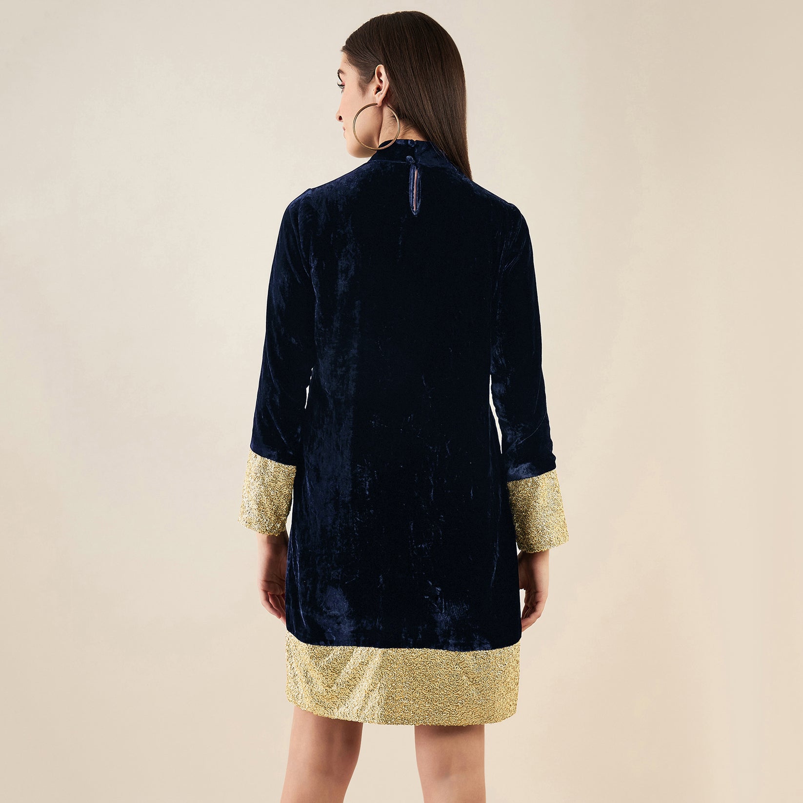 Blue Silk Velvet Dress with Gold Sequin Border – First Resort by Ramola ...